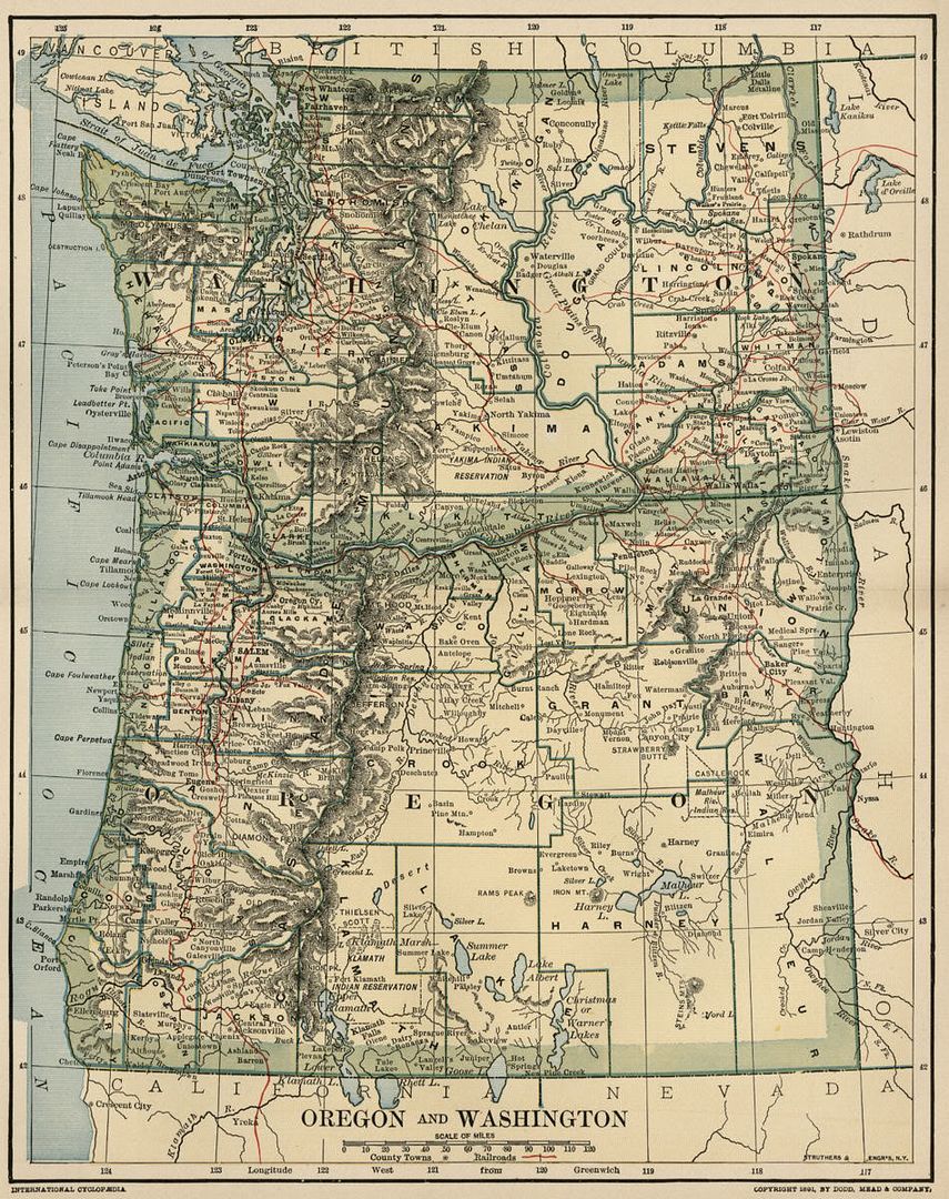 WASHINGTON & OREGON Map: Dated 1891: Towns, Counties, RRs with 1890 ...
